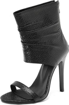 Generic Sandales d&eacute;t&eacute; en peau de serpent &agrave; bout ouvert et fermeture &eacute;clair &agrave; la cheville pour femme, Noir, 38.5 EU