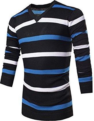 DianShao Pull Rayé Casual Col V Manche Longue pour Homme Bleu L