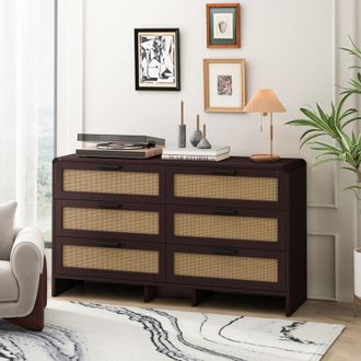 STILVORA Commode avec 6 Tiroirs, Coins Arrondis, Design Rotin Naturel, en Panneaux de Particules, 130&times;40&times;80 cm, Brun Roux