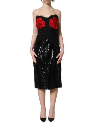 Dolce & Gabbana Womens Black Strapless Red Rose Sequined Midi Dress Polyester