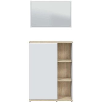 PEGANE Meuble &agrave; chaussures Meuble dentr&eacute;e 1 porte avec miroir coloris Blanc/ch&ecirc;ne - Longueur 77 x Profondeur 24 x Hauteur 106 cm