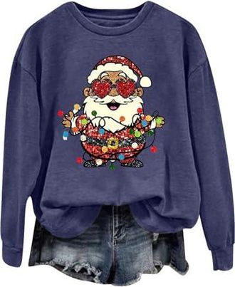 Generic Sweat-shirt de Noël pour femme avec imprimé Père Noël amusant à paillettes - Tenue de fête de Noël étincelante à manches longues - Pull graphique fant