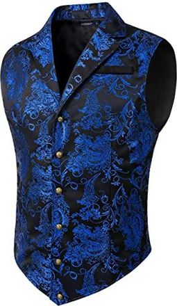 Hisdern Gilet Costume Homme Bleu Paisley Mariage Gilet Homme Classique Steampunk Costume veston pour parti fête, 3XL