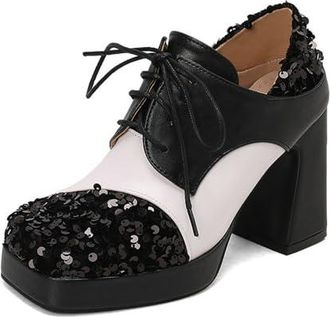 Generic Mocassins classiques &agrave; lacets et paillettes pour femme - Patchwork Oxford Brouges - Plateforme &eacute;paisse - Bout carr&eacute;, Noir, 40.5 EU