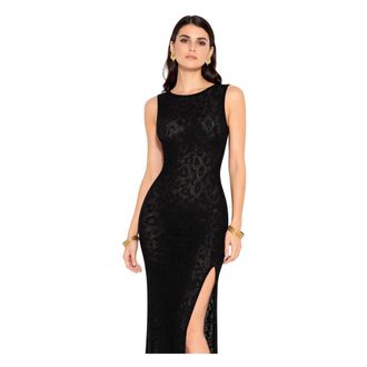 Akep Femme, Robes, Noir, Taille: 42 FR Abito in maglia leopardato a giro spacco laterale
