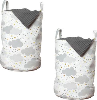 Abakuhaus Wolken Wäschesack 2er Pack, Dreamy Himmel mit Punkten Sterne, Wäschekorb mit Griffen und Kordelzugverschluss, Zweierpack 33cm x 50cm,Hellgrau Blasser 