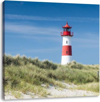 Pixxprint Leuchtturm hinter D&uuml;nen, Gr&ouml;&szlig;e: 60x60, Leinwandbild Quadratisch, Wandbild, Kunstdruck, fertig bespannt