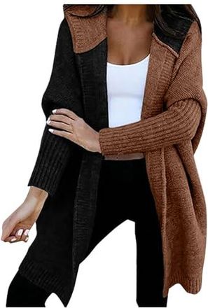 Generic Cardigan ouvert sur le devant, manches longues et capuche, cardigan ample pour femme avec motif bloc de couleur et capuche, noir et caf&eacute;, XL