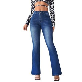 QWUVEDS NAFING Jean Slim Femme Taille Haute High Waist &Eacute;lastique Straight Wide Leg Jambes Larges Jeans Pantalon &Agrave; Jambe Droite &Eacute;t&eacute; Imprim&eacute; Evas&eacute;e Ray&eacute; Extensi
