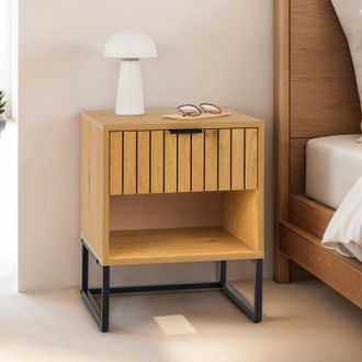 IDIMEX Nachttisch MESTO mit Schublade und Ablagefach aus MDF Wildeiche Dekor - Nachtschrank 40 x 50 x 40 cm modernes Rillen-Design Metallgestell schwarz Nach