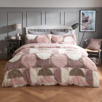 Sleepdown Geo Shaggy Kunstfell Fleece Thermo-Bettwäsche Warm Gemütlich Super Weich Bettbezug Steppdecke Set mit Kissenbezügen - Doppelbett (200 cm x 200 cm) - B