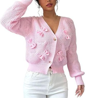 Generic Cardigan dhiver court &agrave; manches longues en tricot d&eacute;contract&eacute; &eacute;l&eacute;gant pour femme, Rose, XS