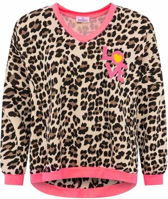 Zwillingsherz Sweatshirt Neon Leo V-Neck, auff&auml;lliges Leopardenmuster, B&uuml;ndchen Neonfarben, LOVE Print