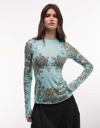 AFRM Kaylee Mesh-Oberteil mit Rundhalsausschnitt, langen &Auml;rmeln und t&uuml;rkisfarbenem Blumenmuster-Blau