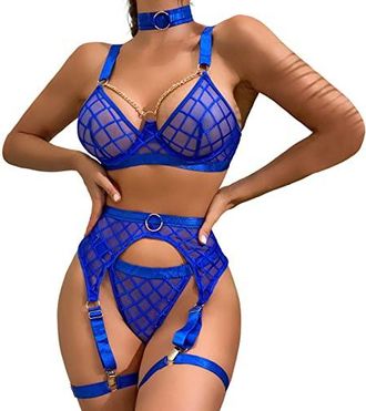 Generic Lingerie Sexy Femme Coquine Hot Lingerie Femme Une soir&eacute;e Coquine Ensemble 3 Pi&egrave;ces Dentelle Transparente avec Cha&icirc;ne M&eacute;tallique Sexy Bretelles Fines