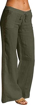 Generic Pantalon Femme Coton Lin Taille Haute Large Jambe Mode Cordon &eacute;lastique Confortable Droite Long Pantalons avec Poches