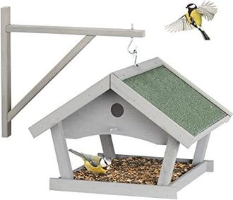 Relaxdays Vogelfutterhaus Holz, Futterhaus zum Aufhängen, HBT: 35x42,5x40,5 cm, Garten, Futterstelle für Wildvögel, grau