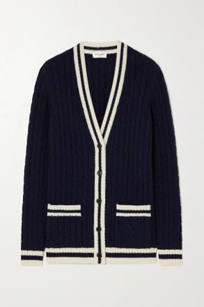 Saint Laurent Cardigan En Cachemire &Agrave; Mailles Torsad&eacute;es Et &Agrave; Rayures - Bleu