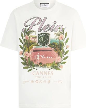 Philipp Plein Homme, Tops, Blanc, Taille: XL T-Shirt Col Rond Cannes Tennis Club