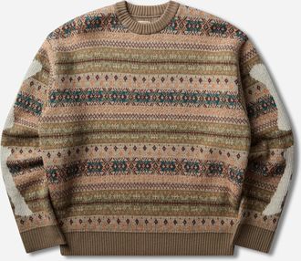 KAPITAL Men s 7G Wool Fair Isle Bone Crewneck Sweater Orange