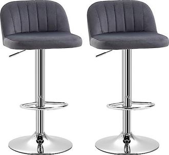HOMCOM Lot de 2 tabourets de Bar Design Contemporain avec Repose-Pieds Hauteur r&eacute;glable et pivotant - rev&ecirc;tement Tissu Effet Velours - Pied m&eacute;tal - Gris