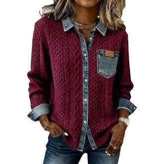 Generic Chemise en tricot pour femme avec empi&egrave;cements en denim, col patchwork en denim, cardigan pour lautomne et lhiver, bordeaux, 3XL