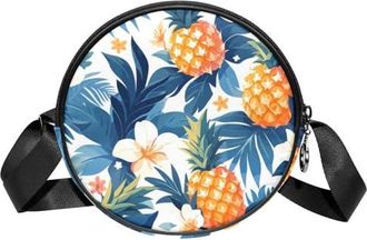 Generic Sac &agrave; bandouli&egrave;re rond pour femme, motif fleurs dananas avec fermeture &eacute;clair, bretelles r&eacute;glables, sac &agrave; main rond d&eacute;contract&eacute; pour femmes et filles