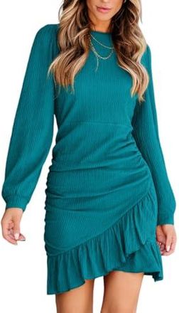 Cupshe Robe pour femme, col rond, manches longues, plis d&eacute;coratifs, ourlet asym&eacute;trique, volants enveloppants, robe de loisirs, &eacute;l&eacute;gante, mini robe de f&ecirc;te, b