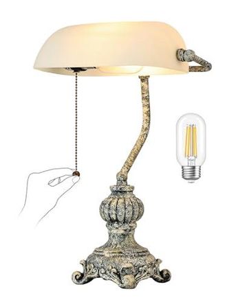 Newrays Lampe de bureau des banquiers en verre mouill&eacute; blanc r&eacute;tro pour le bureau &agrave; domicile, biblioth&egrave;que avec filet de cha&icirc;ne de pull, ampoule LED incluse