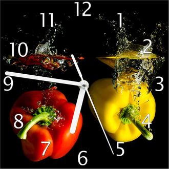Wallario Design-Wanduhr Bunte Küche Paprika in rot gelb orange und grün im Wasser aus Glas, Motiv-Uhr Größe 20 x 20 cm, weiße Zeiger