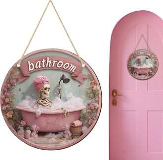 Generic Skelett-T&uuml;rschild - Halloween-Dekoration aus Holz, rund, zum Aufh&auml;ngen | B&uuml;hnenobjekt Spukhaus f&uuml;r Eingang, Terrasse, gruselig zum Aufh&auml;ngen f&uuml;r Party