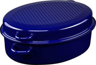 Riess 0442-012, G&auml;nsebr&auml;ter oval mit Deckel, CLASSIC - SPEZIALARTIKEL, Durchmesser (lange Seite) 42 cm, H&ouml;he 18,5 cm, Inhalt 9,0 Liter, Emaille, au&szlig;en blau,