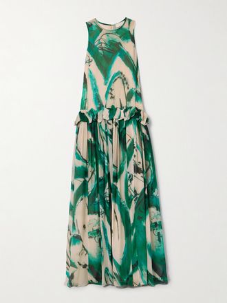 Ulla Johnson Robe Du Soir En Georgette De Soie Imprimée À Volants Helen X Lee Krasner - Vert