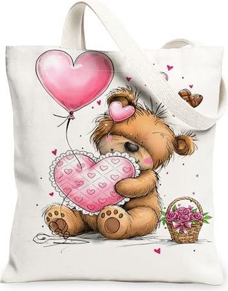 Generic Sac fourre-tout en toile motif ours mignon, motif coeur ballon, sacs d&eacute;picerie r&eacute;utilisables, sacs de Saint-Valentin l&eacute;gers et lavables en toile Fo, b