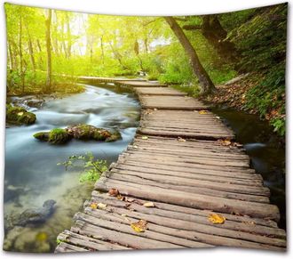 A.Monamour Wandteppich Promenade Im Park Wald Bäume Flussbäche Felsen Natur Landschaft Tuch Kunstdruck Tapisserie Wandbehang Wanddeko Vorhang Tischdecke Tagesdec