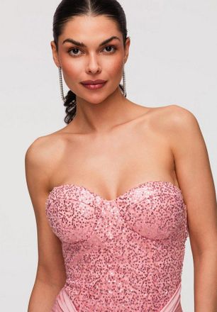 Ombre Abendkleid Maxikleid mit Pailletten und Korsett-Optik Pink S (kein Set, 1-tlg) Drapierter Bund mit Knoten