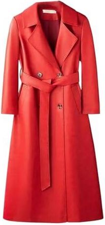 Generic Trench-coat en simili cuir pour femme - Veste longue dhiver double boutonnage &agrave; revers crant&eacute;, Rouge, L