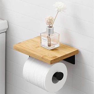 Kes Porte Papier Toilette Noir Adhésif avec Etagère Bambou Porte Rouleau Porte Papier Toilette Mural sans perçage en Acier Inoxydable SUS304, BPH220BADM-B