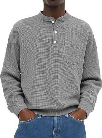 Generic Sweat-shirt pour homme de couleur unie col en V boutonn&eacute; en tricot gaufr&eacute; chemises &agrave; manches longues sweat-shirt tendance pour lhiver pour homme avec 