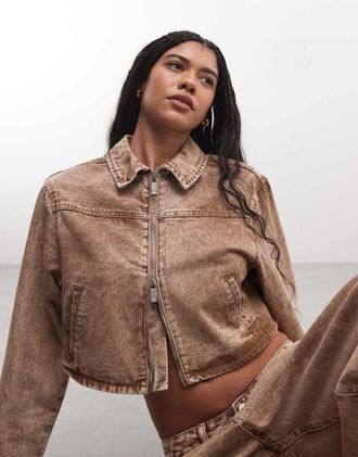 Liquor & Poker Kastige Jeansjacke in Steinbeige mit Rei&szlig;verschluss, Kombiteil-Neutral