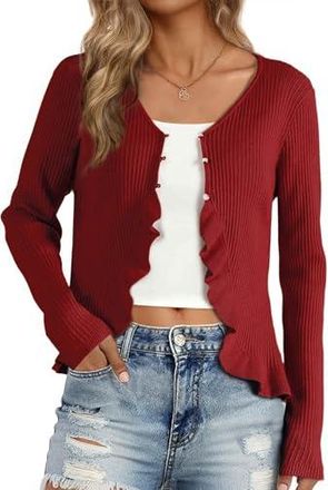 Allegra K Gilet Tricoté Femme à Volants élastique Cardigan Court Boutonnage à Manches Longues Boléro Devant Ouvert Col en V Rouge Foncé L