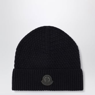 Moncler Marineblaue Wollm&uuml;tze mit Logo-Patch