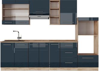 Vicco Küchenzeile Fame-Line, Dunkelblau Hochglanz/Goldkraft Eiche, 280 cm ohne Arbeitsplatte