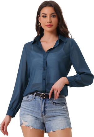 Allegra K Damen Bluse Langarm Mesh Tops Knopfleiste Durchsichtiges Elegant Oberteile Dunkelblau S