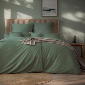 ESTELLA Mako Satin Bettw&auml;sche Set Uni - 100% Baumwolle - trocknerfest - Garantie Rei&szlig;verschluss - 155x220 cm + 80x80 cm - Farbe: Salbei