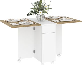 HOMCOM Klappbarer Esstisch auf Rollen, K&uuml;chentisch f&uuml;r 6 Personen mit 2 Klappen, 2 Schubladen und 2 Schr&auml;nken, f&uuml;r kleine R&auml;ume, 140 x 76 x 74 cm, Wei&szlig; und N