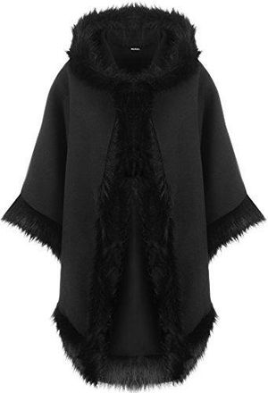 WearAll Femmes Plaine Faux Fourrure Tailler Capuche Cap Châle Manteau Poncho Manteau Haut - Noir - Une Taille