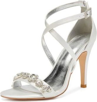 Generic Sandales Stylet Talons Bout Ouvert Femmes Satin Chaussures Mariage Mari&eacute;e Et&eacute; Talon Mariage Soir&eacute;e Chaussures Femmes10.5Cm,Ivoire,36 EU