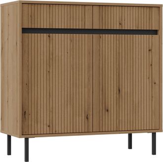 Selsey Osaka Kommode Wei&szlig; mit Schubladen 100 x 100,2 x 40 cm - 2-T&uuml;rig, 4-F&auml;cher Sideboard - Stilvolles Design, Gerillte Fronten - MDF & Laminat Sandbeige/Ei
