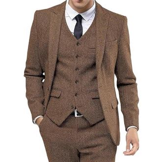 Generic Costume r&eacute;tro en tweed 3 pi&egrave;ces pour homme - En laine &agrave; chevrons - Coupe ajust&eacute;e - Coupe ajust&eacute;e - Style formel et d&eacute;contract&eacute;, Marron, 4XL